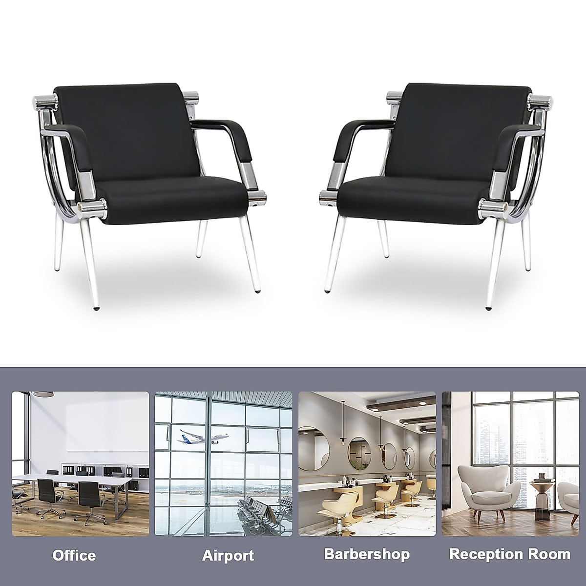 Kinbor 2Pcs Reception Chairs - Black PU Leather Lobby Chairs, Airport Chairs