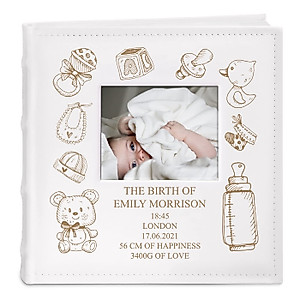 Maverton Slip-In Photo Album for kids - Engravable white cover with a photo frame - 100 pages to fill in with up to 200 images - Personalized album for Baptism - For Birthday - baby