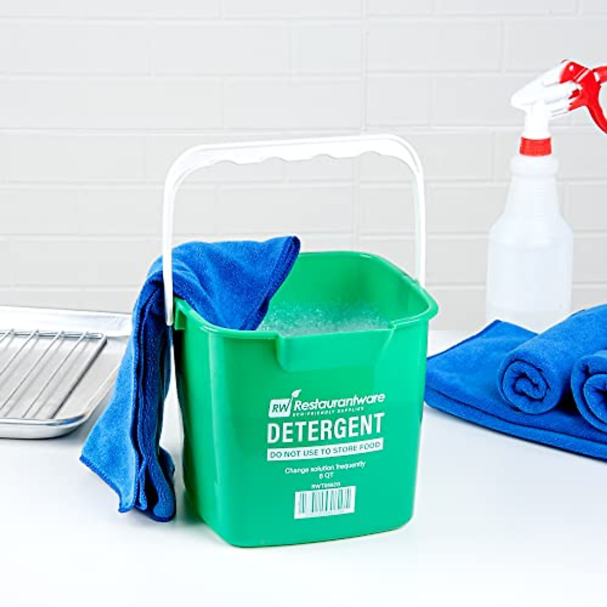 RW Clean 6 Quart Cleaning Buckets, 10 Detergent Square Buckets - With Measurements, Built-In Spout And Handle, Green Plastic Utility Buckets, For Home Or Commercial Use, - Restaurantware