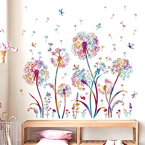 wondever Colorful Blowing Dandelion Wall Decals Flying Flowers Butterflies Floral Peel and Stick Wall Art Stickers for Living Room Girls Bedroom TV Wall