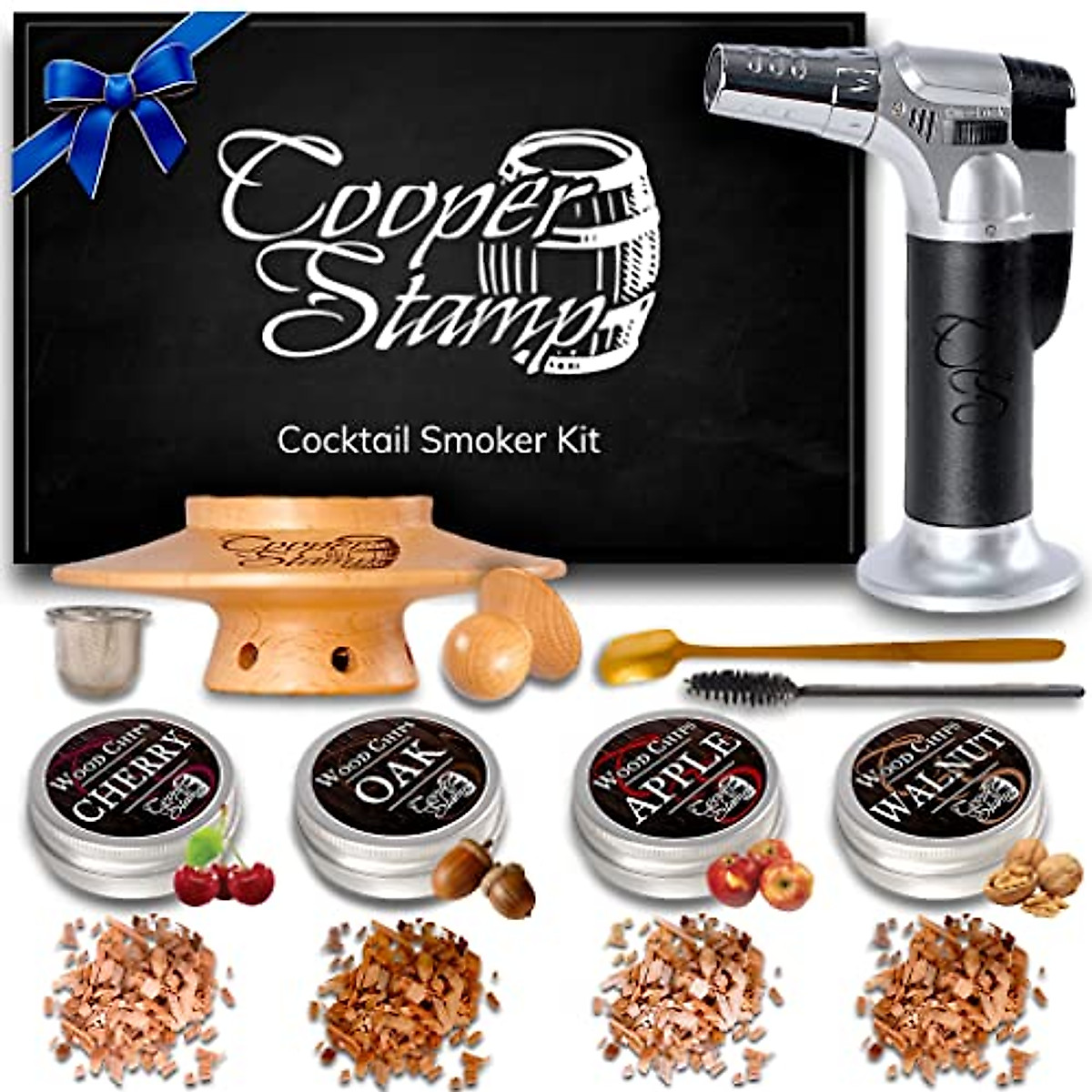 COOPER STAMP Cocktail Smoker Kit - Old-Fashioned Drink Smoker with Torch - 4 Kinds of Wood Chips - Gift for Whiskey/Bourbon Lover, Men, Father, Husband - Butane not Included