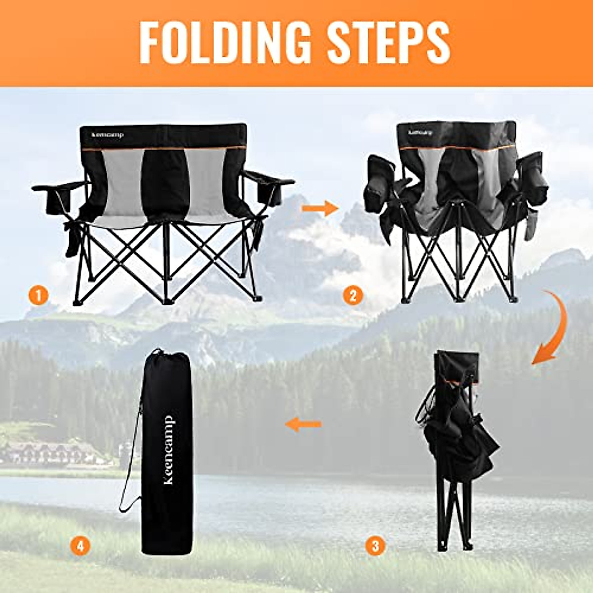 BAYIEIUI Double Camping Chair Portable 2 Person Folding Camp Chair with Storage Cup Holders Supports 440 lbs for Adults Outdoor Black &amp; Grey