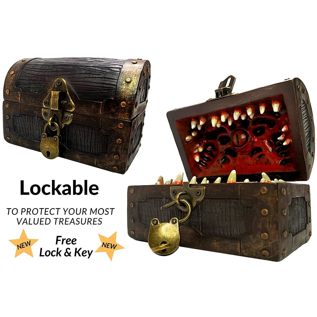 Galdor's Guild Mimic Dice Chest Storage Box | Free Lock & Key | Compatible with Dungeons & Dragons Players, Dungeon Master/DM RPG Gaming | Holder Vault Case | Holds 4 Sets of Polyhedral Dice (Regular)