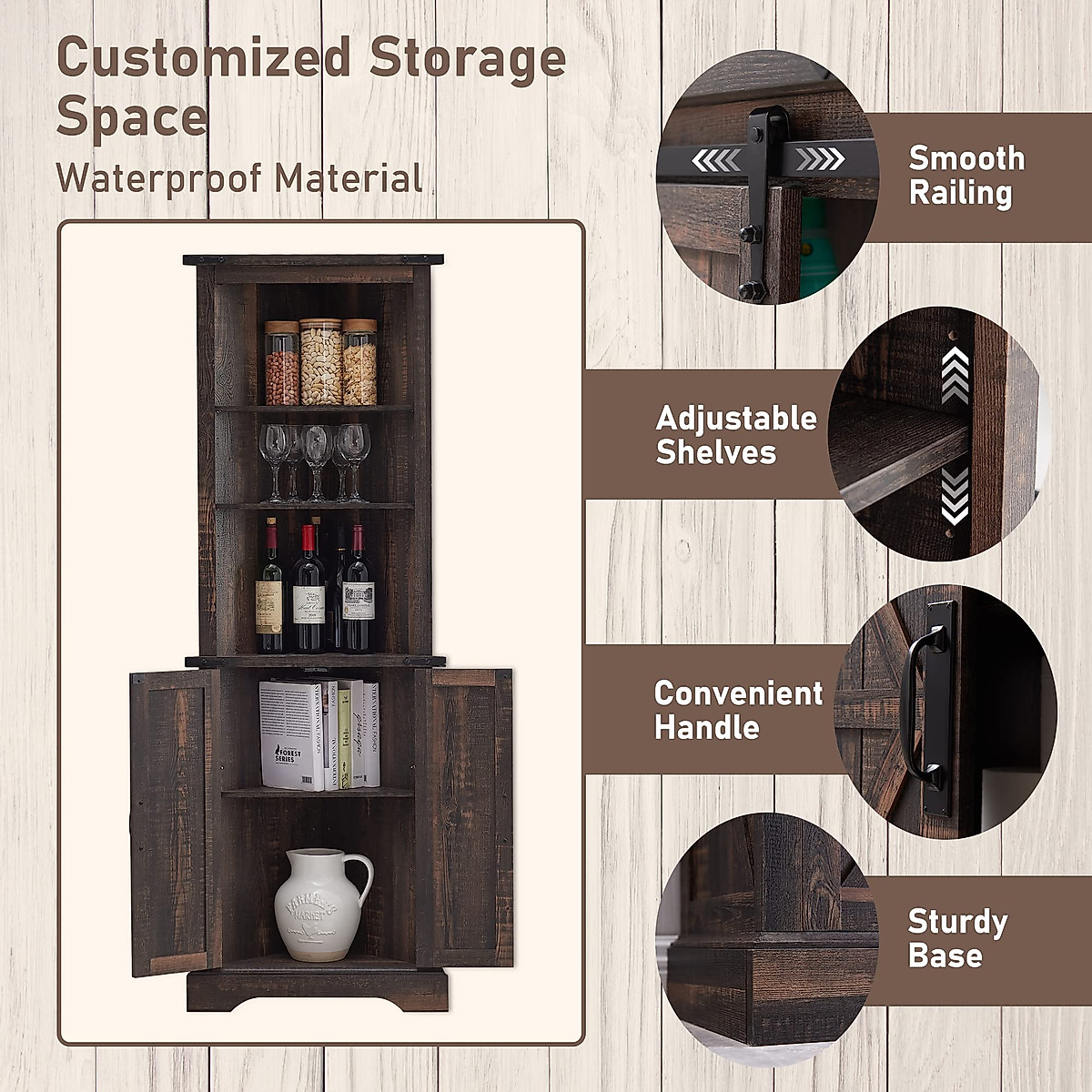 OKD Tall Corner Cabinet, Farmhouse Storage Cabinet with Barn Door Design & Adjustable Shelves, Home Space Saver for Bathroom, Living Room, Dark Rustic Oak