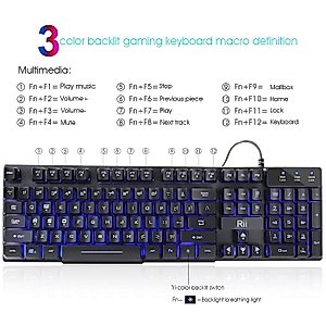 Rii RK100 3 Colors LED Backlit Mechanical Feeling USB Wired Multimedia Office Keyboard For Working or Primer Gaming,Office Device (Renewed)