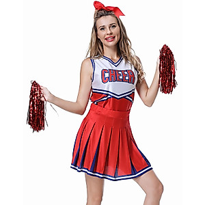GRAJTCIN Women's Cheerleader Costume Halloween 3-Pieces High School Girl Cheerleading Outfit with Pom Pom(Medium, Red)