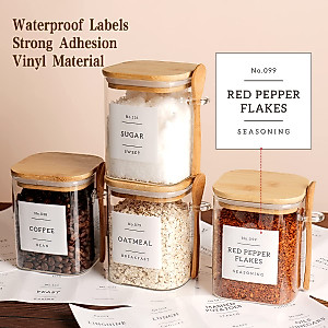 CZZGSM Set of 4 Square Glass Jar with Bamboo Lids and Spoons – Airtight 27 oz Borosilicate Glass Food Storage Contaienrs with 132 Kitchen Pantry Labels for Coffee, Tea, Sugar