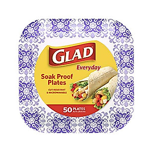 Glad Square Disposable Paper Plates for All Occasions | Soak Proof, Cut Proof, Microwaveable Heavy Duty Disposable Plates | 8.5" Diameter, 50 Count Bulk Paper Plates