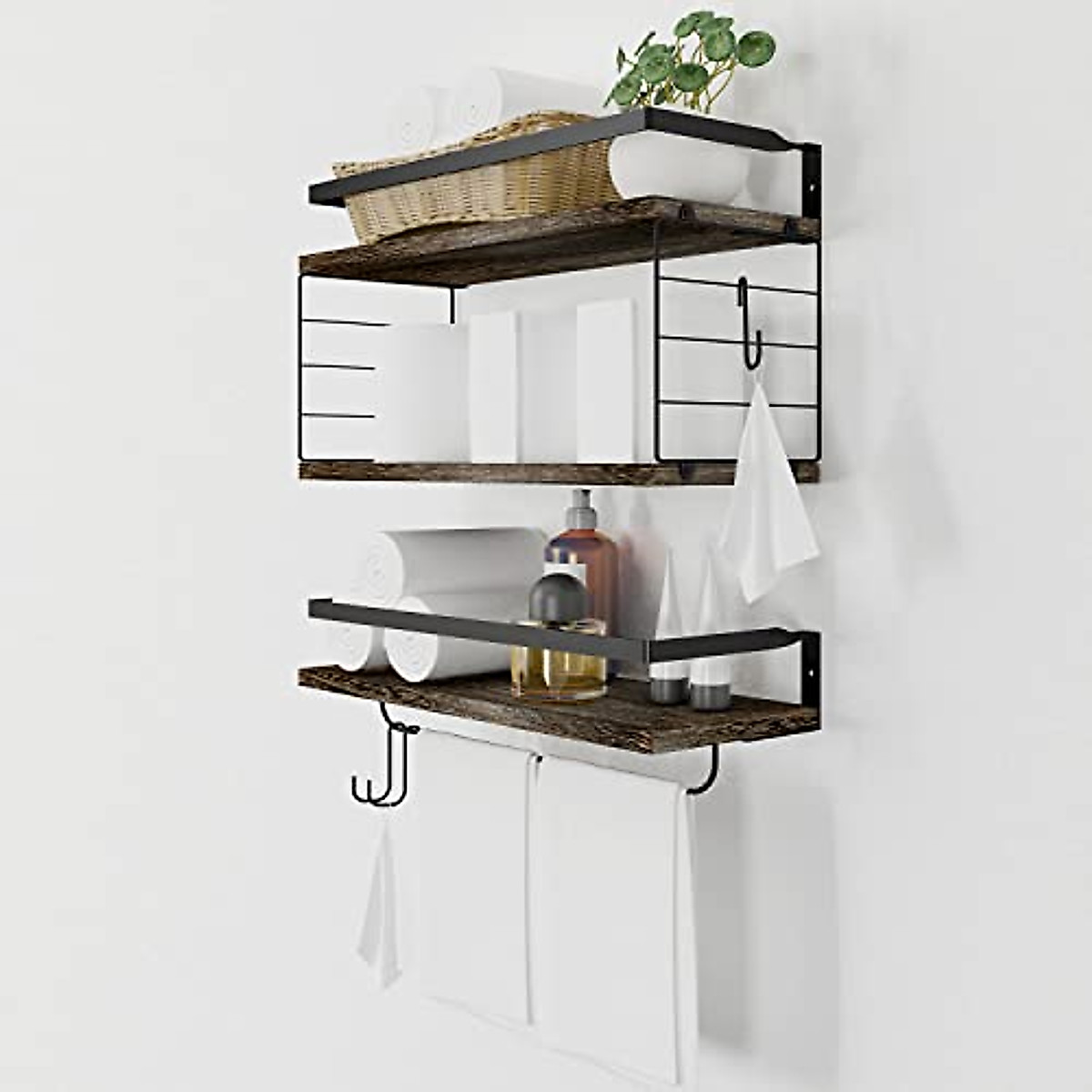 JOVONE Bathroom Shelves with Tissue Rack &Towel Bar, Wall Mounted Floating Shelves, Multifunctional Storage Rack for Bathroom, Kitchen, Bedroom and Living Room, Set of 2 (Carbonized Dark Black)