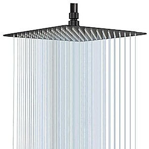 GGStudy 16 Inch Square Stainless Steel Shower Head Rain Style Large Shower Head Matte Black High Pressure