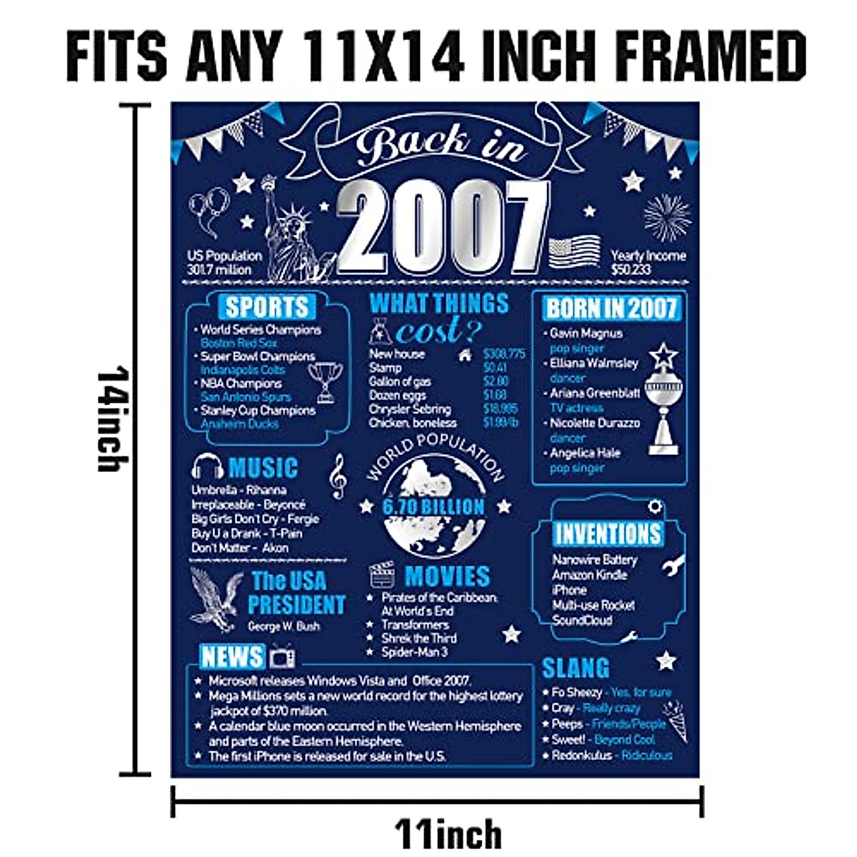 16th Birthday Decorations Back in 2007 Poster for Boys, Blue Silver Sweet 16 Birthday Poster Card Party Supplies, Happy Sixteen Year Old Birthday Gifts 11x14 Inch (Unframed)