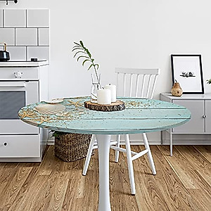 Beach Wood Texture Elastic Edge Round Tablecloth Shell Starfish Fitted Table Cover Waterproof Wipeable Round Table Cloth for Parties Outdoor Dining Table Decor Pads Size 48"(Fit for 36"-42" Table)