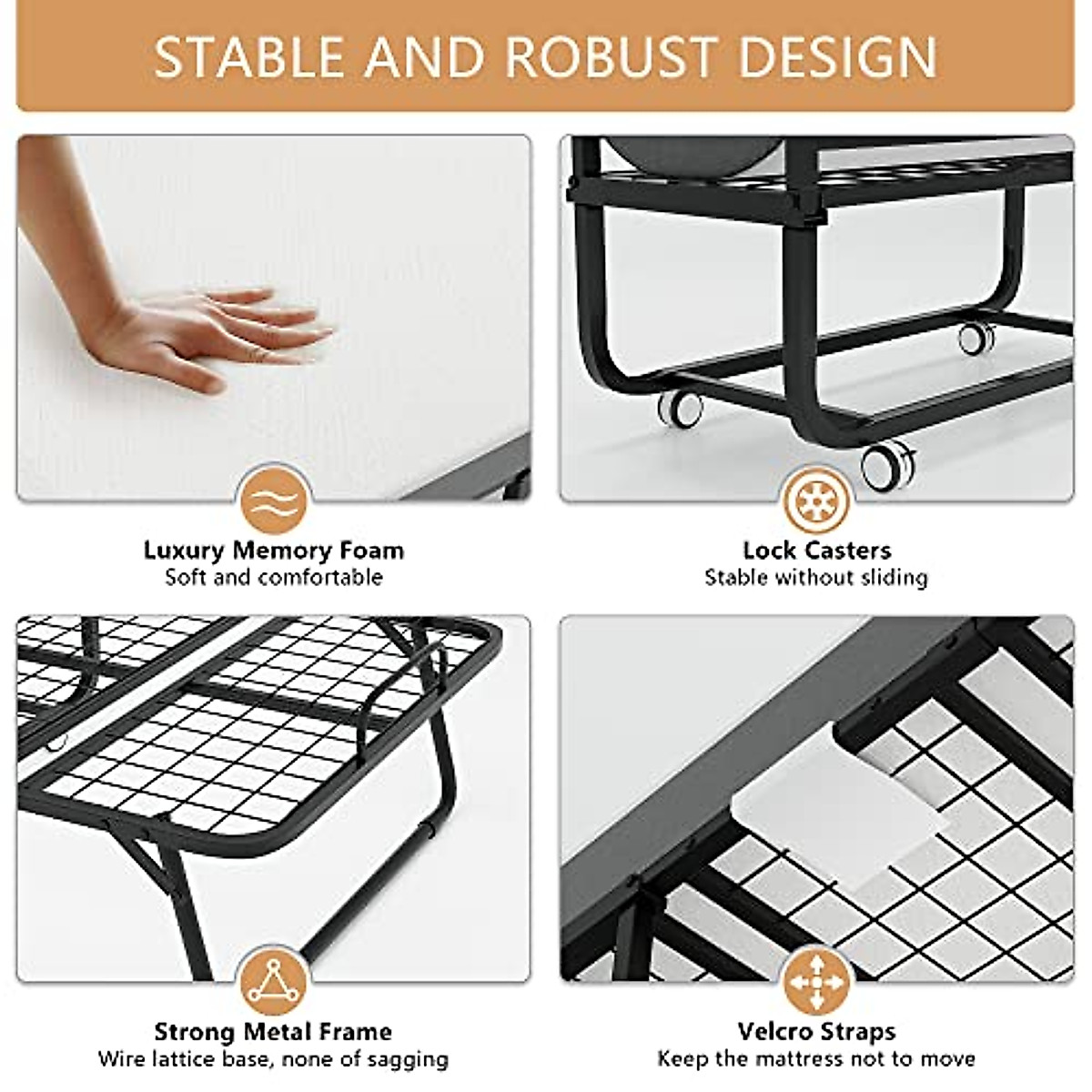 75" x 35" Folding Bed with Mattress, Twin Size Portable Foldable Rollaway Guest Bed for Adults, Cots Fold Up Bed with Fabric Storage Bag & 5 Inch Memory Foam Metal Frame Wheels