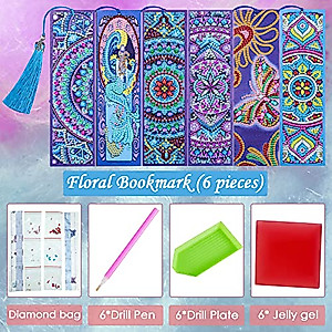 6 Pieces 5D Diamond Bookmark DIY Painting Bookmark Floral Beaded Bookmarks Leather Tassel Bookmark for DIY Making Arts Crafts Students Adults Graduation Birthday Embroidery (Elegant Style)