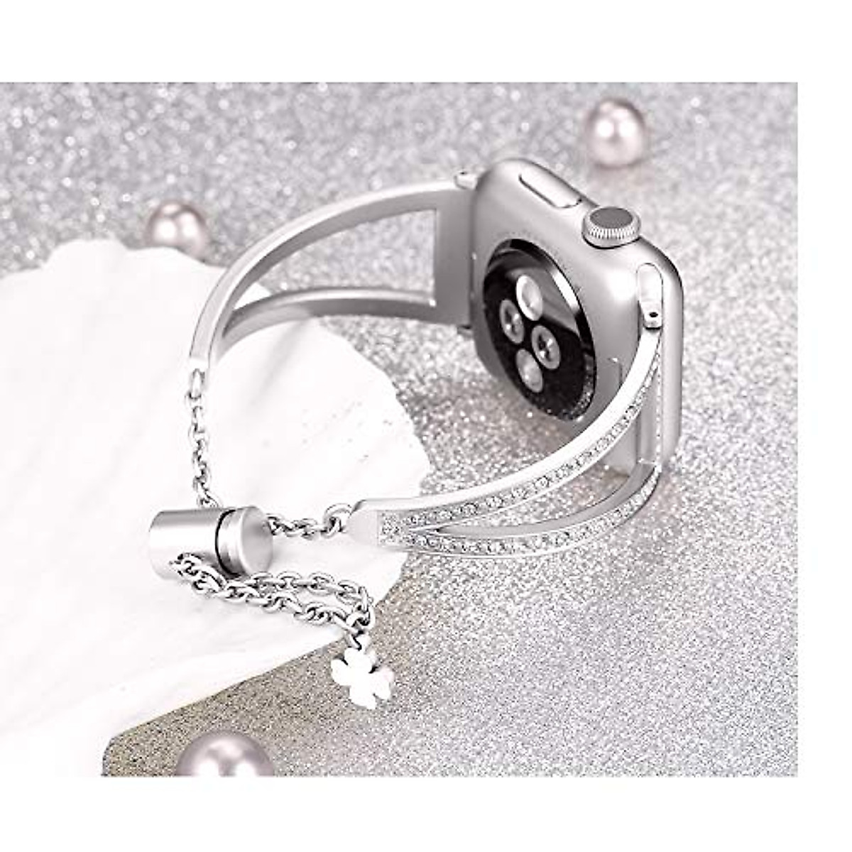 Secbolt Bling Bands Compatible with Apple Watch Band 38mm 40mm 41mm iWatch Series 8/7/6/5/4/3/2/1/SE, Women Dressy Metal Jewelry Bracelet Bangle Wristband Stainless Steel, Silver