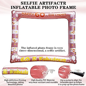 60th Brithday Decoration, 30PCS 60th Birthday Photo Booth Props, LMSHOWOWO Inflatable Photo Booth Frame, Rose Gold Inflatable Selfie Frame, Glitter Birthday Party Photo Props, for Women Birthday Gifts