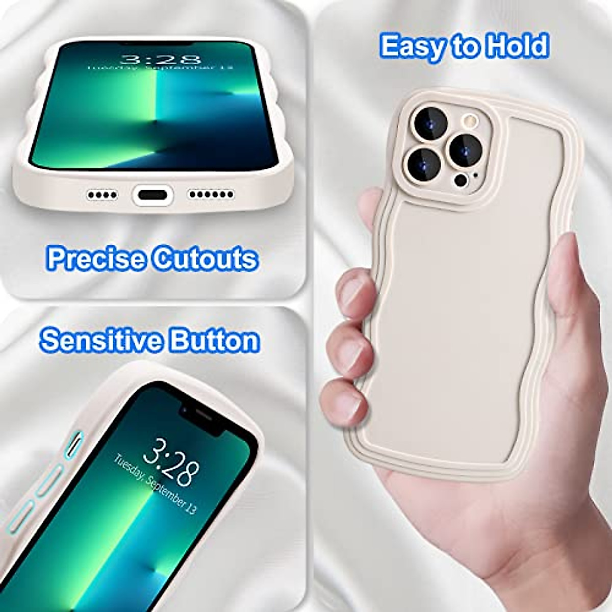 LOEV Compatible with iPhone 13 Pro Max 6.7" Wavy Edge Case, Cute Solid Color Curly Wave Shape Frame Design for Women Girls, Soft TPU Rubber Full-Body Shockproof Bumper Protection Phone Case, White