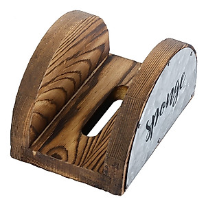 MyGift Burnt Wood Semicircle Kitchen Sink Sponge Holder with Galvanized Metal and Black Sponge Cursive Lettering