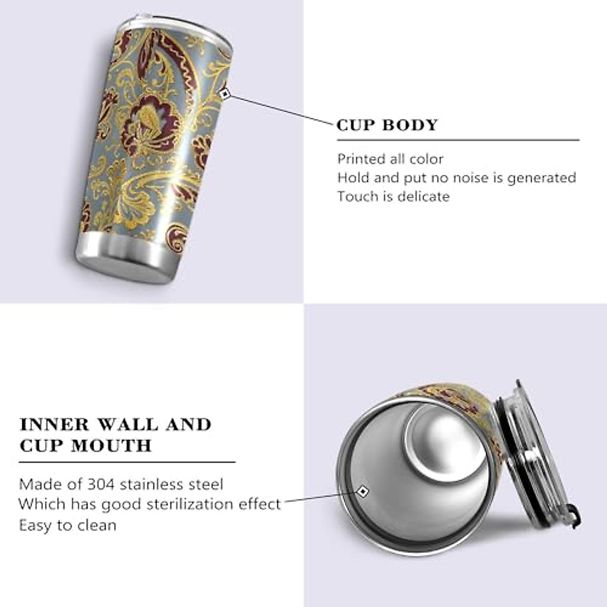 HXshaoye retro fashion flower paisley red gold Stainless Steel cup with straw with Lid and Straw travel travel mugs insulated for hot for School, Sports, Daycare, Camp & More leakproof coffee mug 20