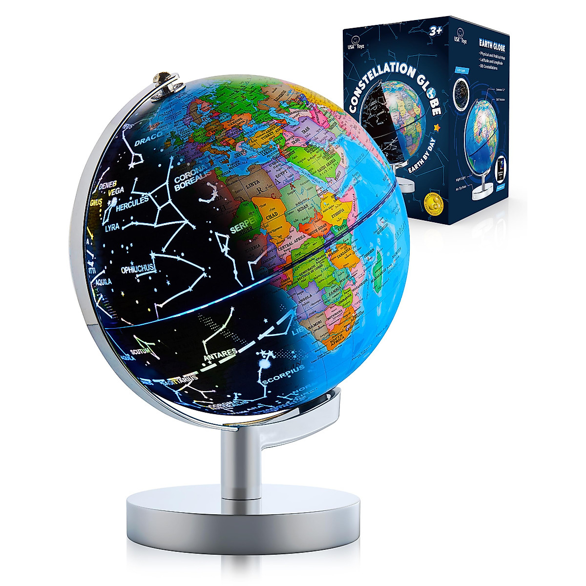 USA Toyz Illuminated Globe for Kids Learning- 3-in-1 STEM Globes of the World with Stand, Constellation Map, Built-in LED Night Light Desk Globe Lamp, Non-Tip Metal Base, 9.75” Tall, 7 Inch Diameter