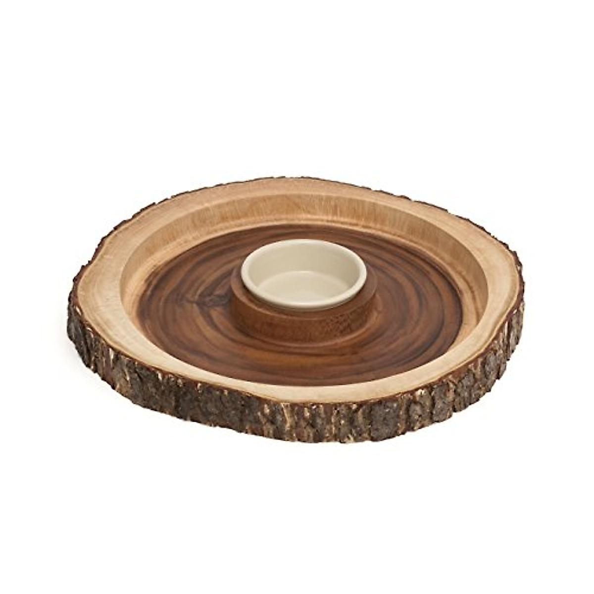 Lipper International Acacia Bark Round Dipping Platter with Ceramic Bowl