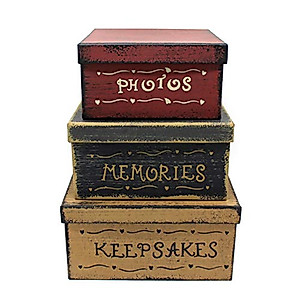 CVHOMEDECO. Primitive Vintage Square Photos, Memories, Keepsakes Cardboard Nesting Boxes, Large 9 X 9 X 4-1/2 Inch. Set of 3.