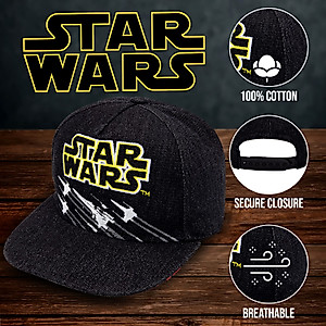 Classic Star Wars X-Wing Starfighter Embroidered Logo Outline Youth Flatbill Baseball Cap Hat, Black & Yellow