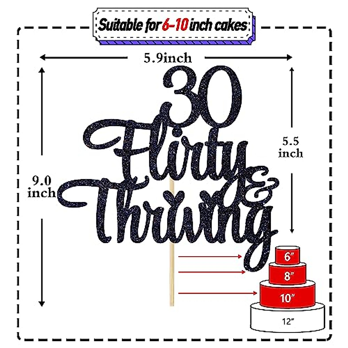30 Flirty & Thriving Cake Topper, Cheers to 30 Years/Dirty 30, Happy 30th Birthday Anniversary Party Decorations Supplies, Black Glitter