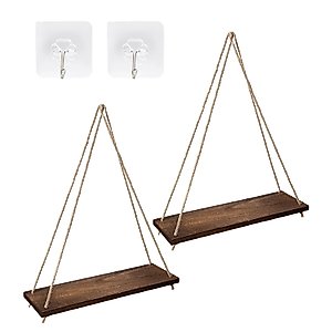 Chihutown Wood Hanging Shelves for Wall, Wall Hanging Shelf, Window Plant Shelves, Floating Wall Shelves for Living Room Bedroom Bathroom Kitchen (Dark Brown)