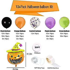 124 Pack Halloween Balloon Arch Garland Kit, Black Orange Green Purple Confetti Balloons and Mylar Pumpkin Balloon for Kids Halloween Birthday Party Decorations Supplies