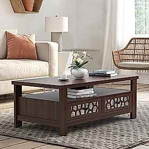Giantex 3-Tier Coffee Table, 47" Rectangular Center Table w/Acrylic Mirror Design, Wooden Table w/Large Tabletop, Open Shelf, 2 Drawers & 5 Support Legs, Accent Living Room Furniture (Brown)