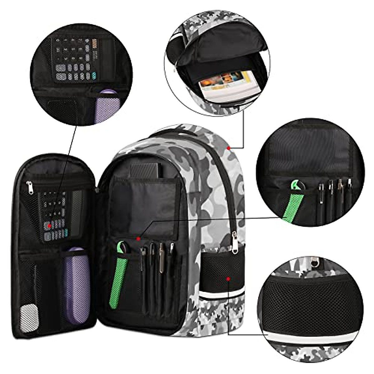 TropicalLife Camo Grey Camouflage Backpacks Bookbag Stationery Storage backpack Shoulder School Computer Hiking Gym Travel Casual Travel Daypack