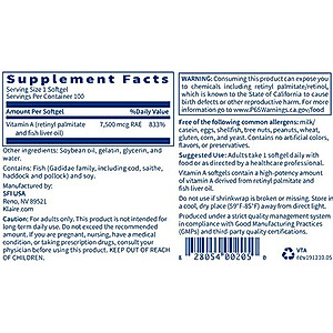 Klaire Labs Vitamin A - High Potency 25000 IU Dose (7,500mcg RAE) from Fish Liver Oil, Preformed Retinol Form (100 Softgels)