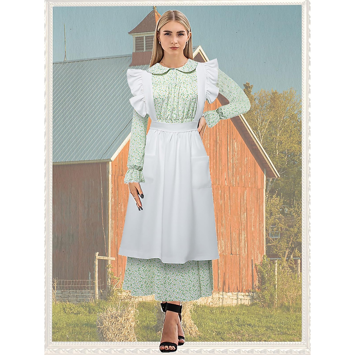 FORTMAC Pioneer Dress Women-Prairie Dress Women 1800s Amish Colonial Dress Women Bonnet Apron Blue S