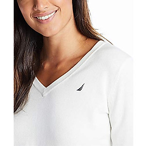 Nautica Women's Effortless J-Class Long Sleeve 100% Cotton V-Neck Sweater, Marshmallow, XX-Large