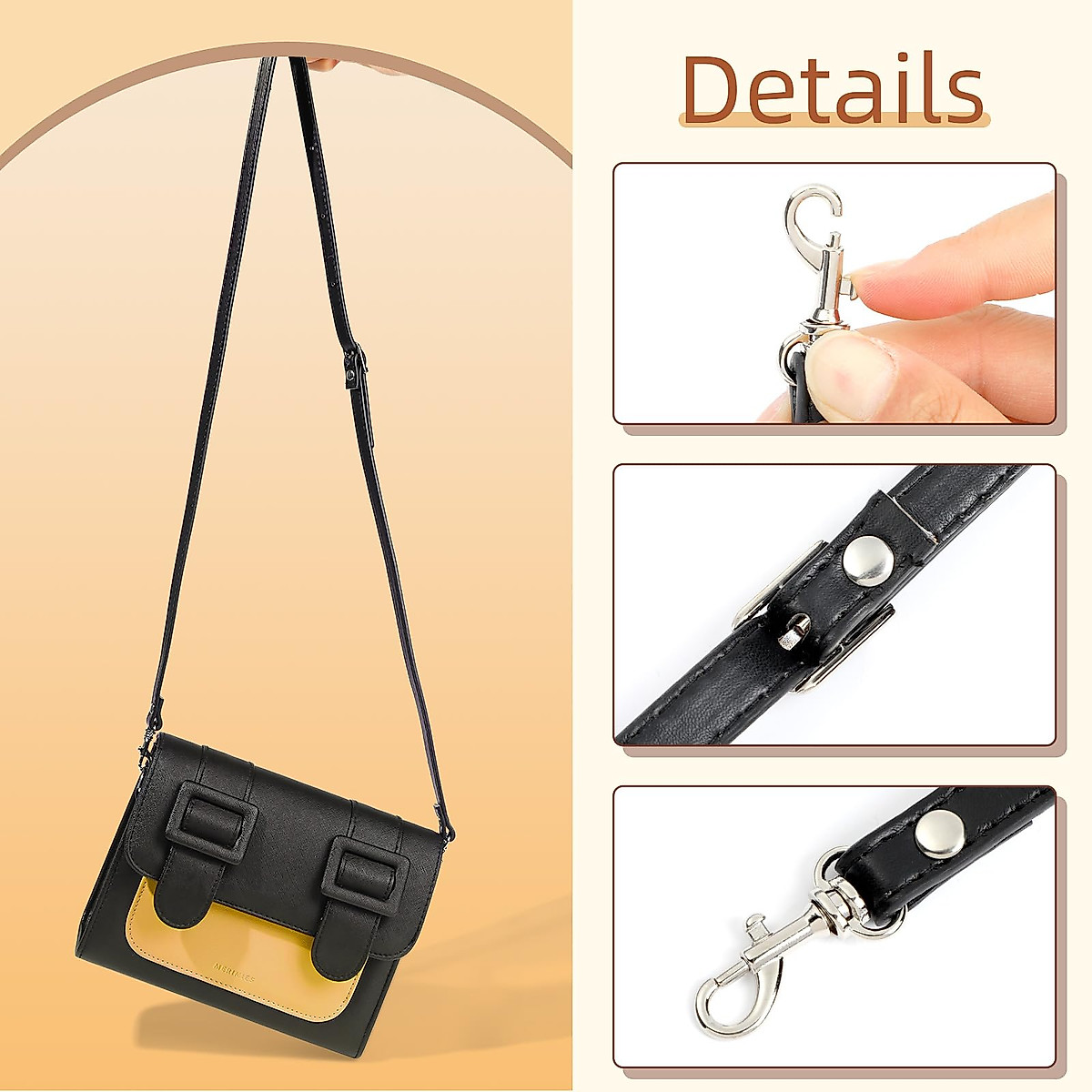 RAYNAG Adjustable Purse Strap Replacement Leather Handbag Shoulder Strap Replacement with Silver Metal Swivel Hooks, Black