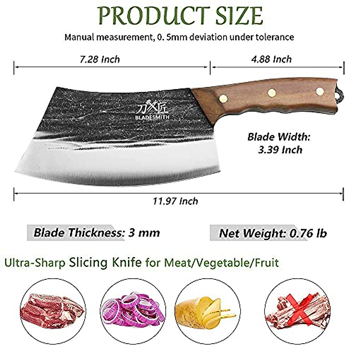 BLADESMITH Meat Cleaver Knife, Forged Butcher Knife with Lightweight and Effortless Design, Full Tang Chopping Knife with German High Carbon Steel, Comfortable PearWood Handle, 7'' Chinese Chef Knife
