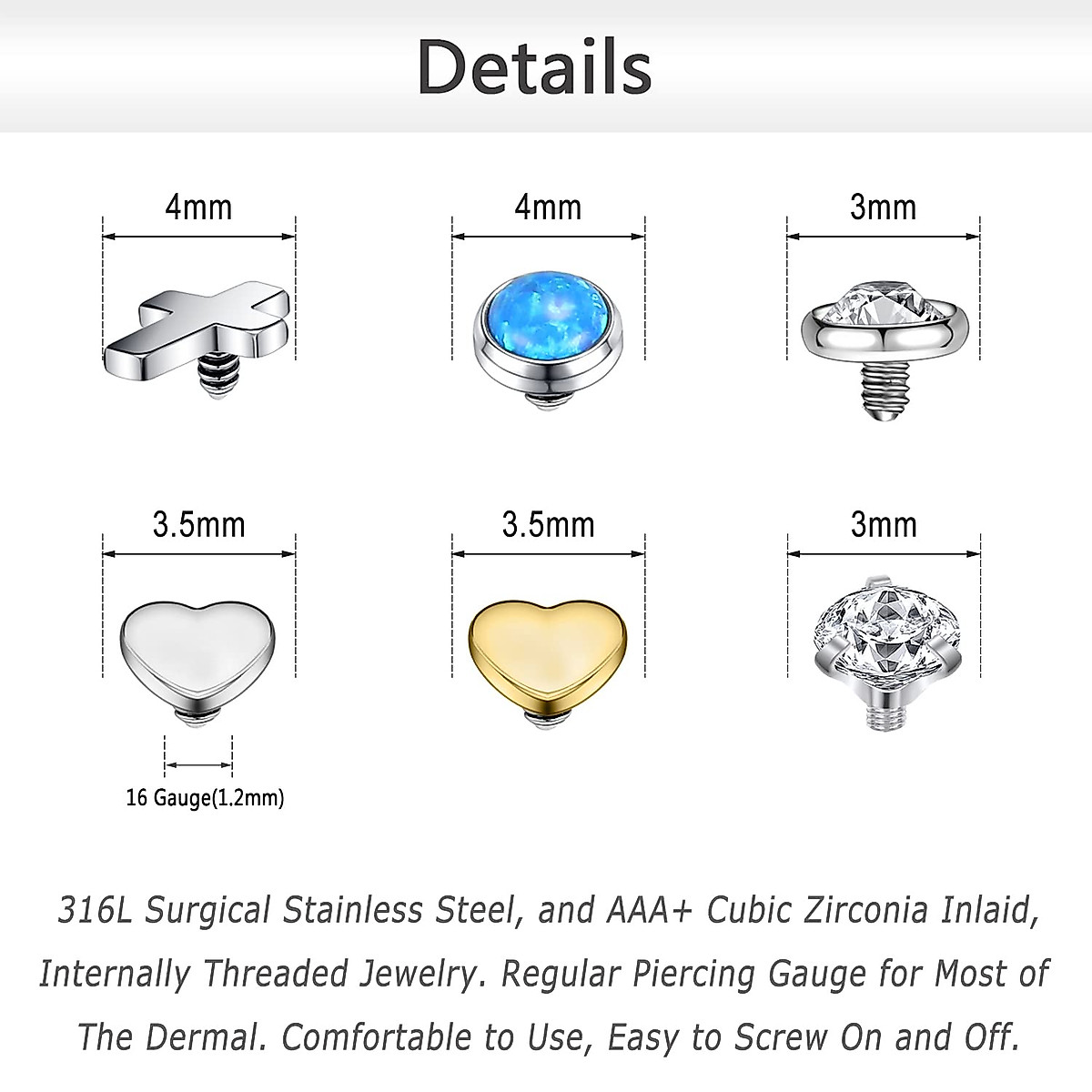 ZS 16G Stainless Steel Dermal Piercing Jewelry Diamond Dermal Anchor Tops CZ Skin Microdermal Piercing Jewelry for Men Women (E:16pcs Tops)