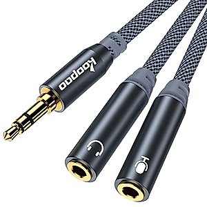 KOOPAO Headphone Splitter, Dual Port 3.5mm Audio Splitter AUX Cable Nylon-Braided 3.5mm Male to 2 Female Y Splitter Cable Dual Headphone Jack Splitter for 3.5mm Standard Headphone Jack