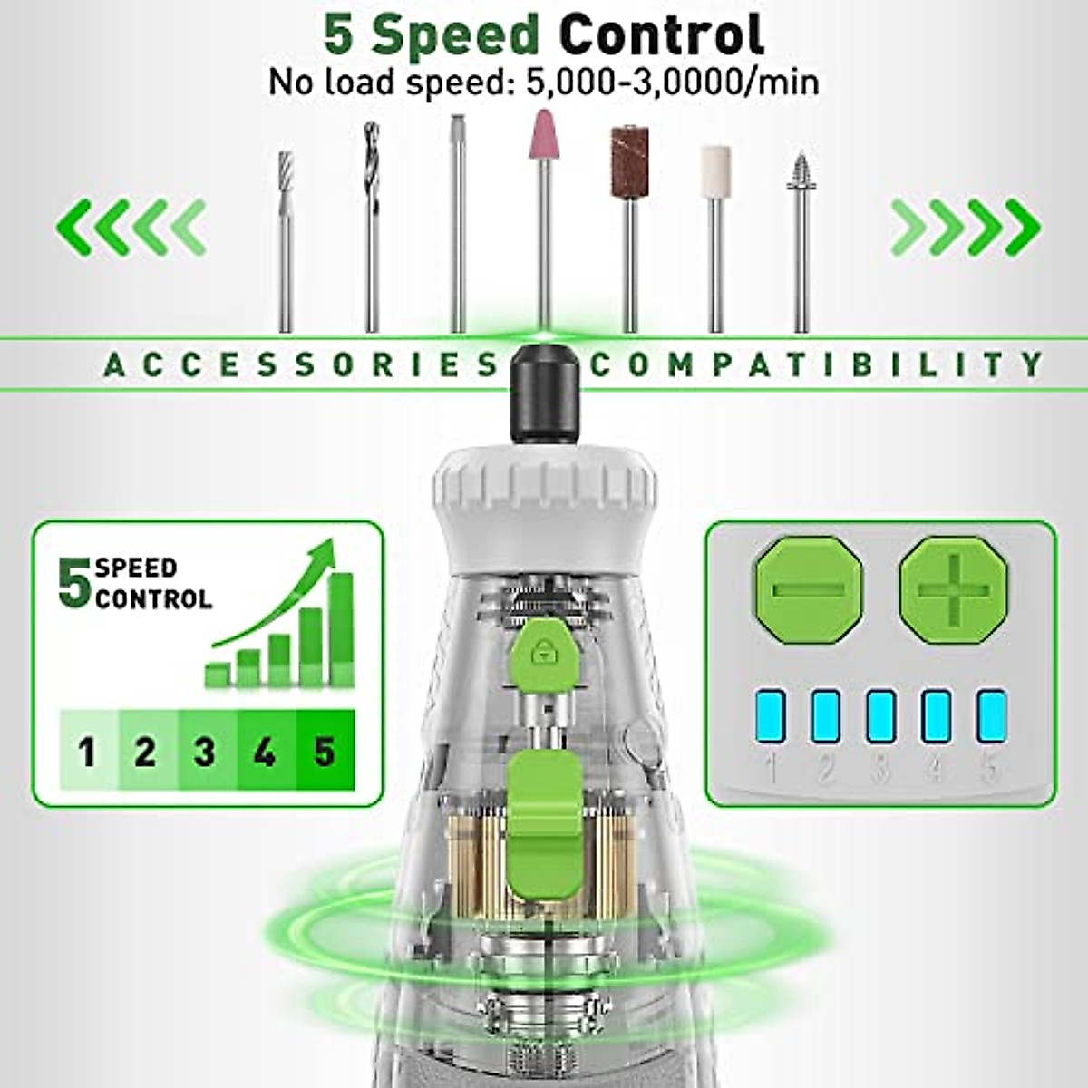 Huepar Tools Cordless Rotary Tool 8V,138pcs Accessories include MultiPro Keyless Chuck, 5 Variable Speed 5000-30000RPM Power Rotary Tool Kit for Dog Nail, Crafting Projects and DIY Creations - RT8