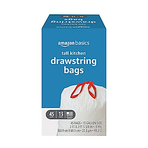 Amazon Basics Tall Kitchen Drawstring Trash Bags, 13 Gallon, Unscented, 45 Count (Previously Solimo), White
