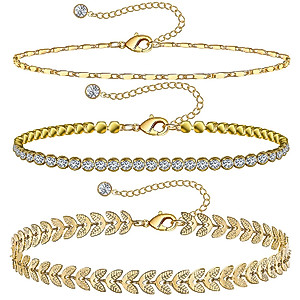 Tennis Gold Ankle Bracelets for Women 14k Gold Plated Anklet Gold Crystal Cubic Zirconia Rhinestone Anklet Leaf Handmade Chain Dainty Layered Anklet Set 3Pcs
