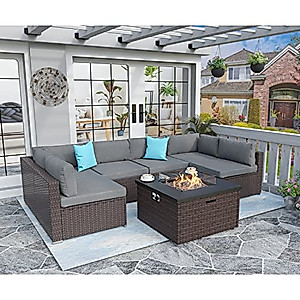HOMPUS 7-Piece Outdoor Patio Furniture Set, All-Weather Wicker Sectional Sofa, Dark Grey Cushions w 32-inch Square Dark Brown Wicker Fire Table (40,000 BTU), Tank Outside, Glass Wind Guard