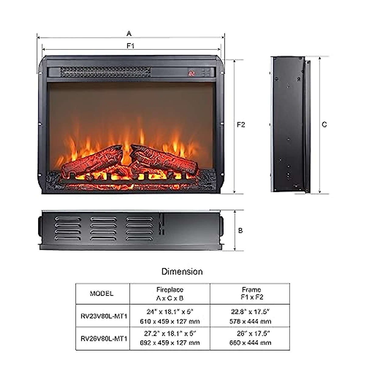 23 inch Electric Fireplace Insert, Ultra Thin Heater with Log Set & Realistic Flame, Remote Control with Timer, Overheating Protection