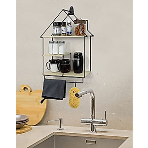 Tikea Floating Shelves, House-Shaped Wall Mounted Shelves for Storage, Modern Farmhouse Hanging Shelf with Metal Frames and Addition Hooks for Living Room Bedroom Bathroom Entryway Decor