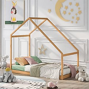 Harper & Bright Designs Twin Size House Bed for Kids,Montessori Bed for Toddlers,Wooden House Floor Bed, Simplistic Kids House Twin Bed Frame for Girls, Boys,Box Spring Needed,Natural