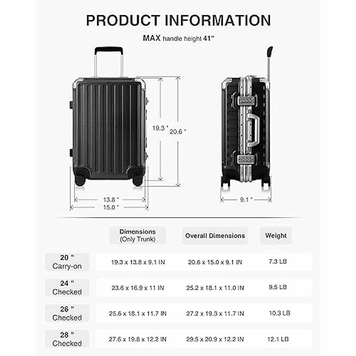 LUGGEX Carry On Luggage with Aluminum Frame, Polycarbonate Zipperless Luggage with Wheels, Black Hard Shell Suitcase 4 Metal Corner