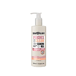 Soap & Glory Peaches & Clean Deep Cleansing Milk - 4 in 1 Milk Cleanser & Makeup Remover with Peach Extract, Ginseng & Jojoba Oil - Hydrating Facial Cleanser for Clarified & Energized Skin (350ml)
