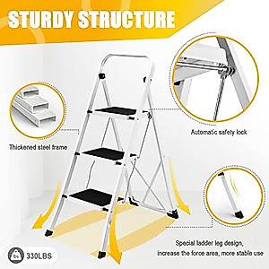 HBTower 3 Step Ladder Folding Step Stool Only 1.77" Wide, Lightweight Step Stools for Adults with Anti-Slip Pedal, Portable Steel Handrails Step Ladder Withstanding 330 lbs