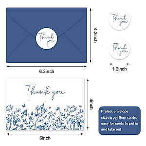 Whaline 36Pcs Blue Floral Thank You Cards with Envelope Stickers Wild Floral Thank You Note Cards for Wedding Bridal Shower Birthday Supplies